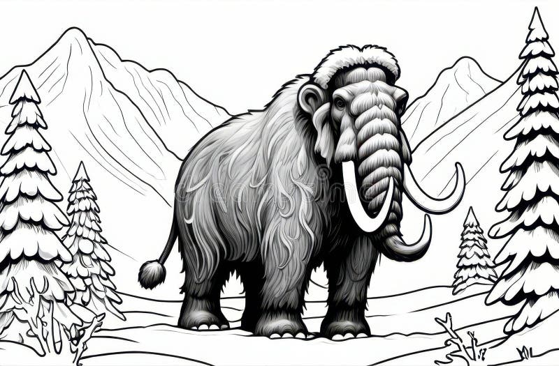 Black and White Drawing of a Mammoth Stock Illustration - Illustration ...