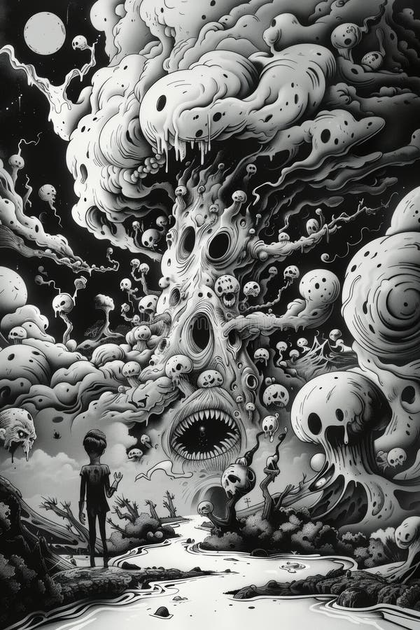 A Black and White Drawing of a Man Standing in Front of an Alien ...