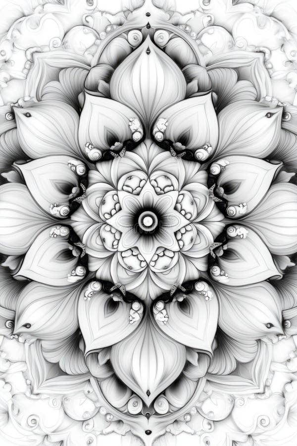 Black and White Drawing of a Mandala Shaped Like a Flower with Many ...