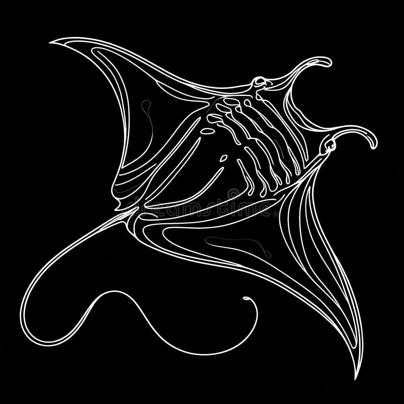 A Black and White Drawing of a Manta Ray with a Long Tail. Stock ...