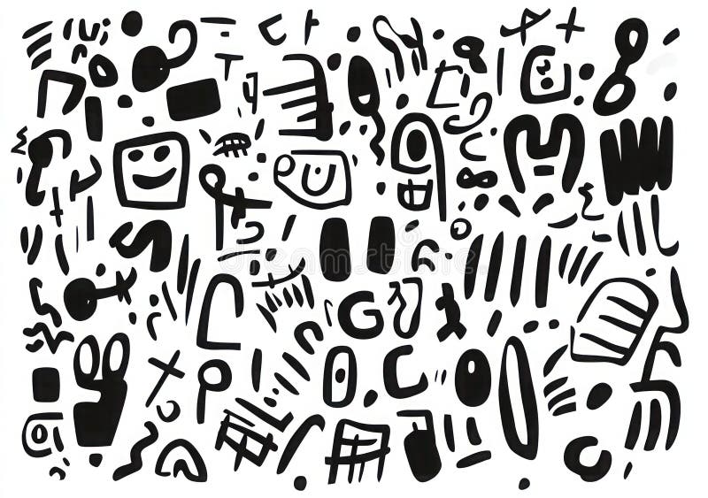 A Black and White Drawing of Many Different Shapes and Letters Stock ...