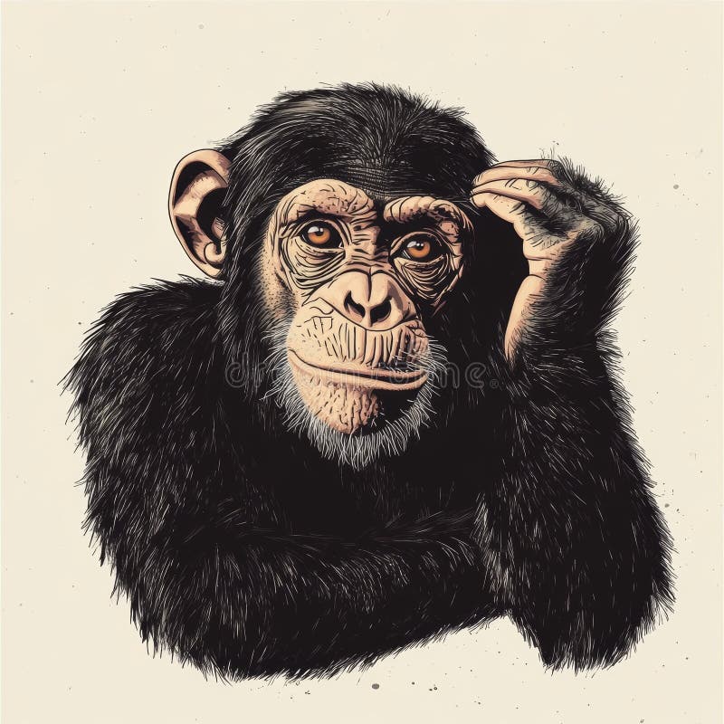 Black and White Drawing of a Monkey with Its Head Tilted To the Side ...