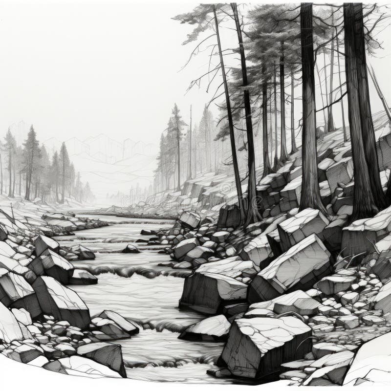 A Drawing of a Forest with Trees and Mountains, AI Stock Illustration ...
