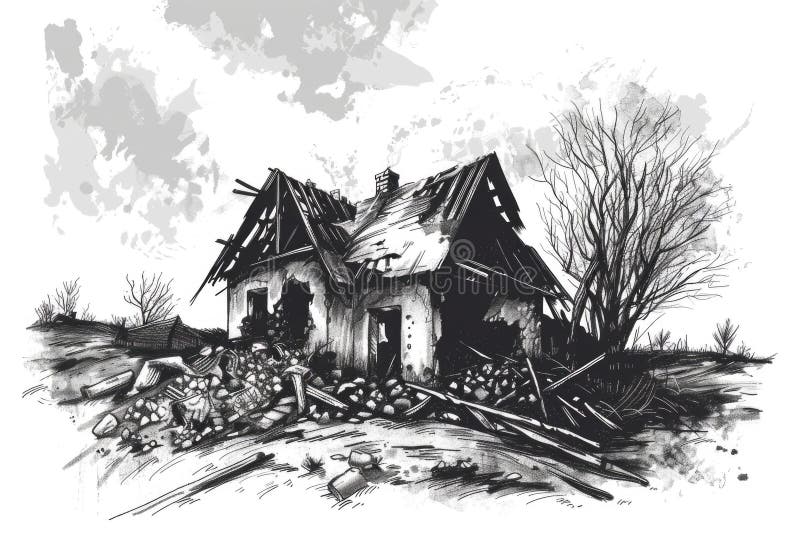 Black and White Drawing of an Old House with Intricate Details Stock ...