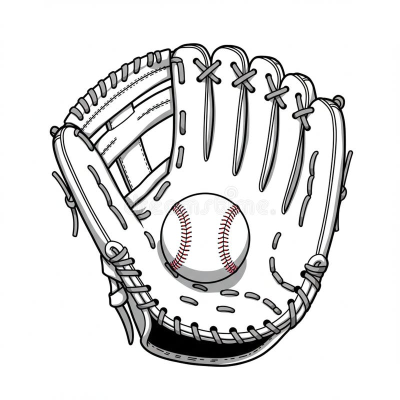 A Black-and-white Drawing of an Open Baseball Glove with a Baseball ...
