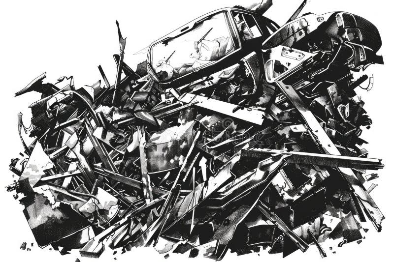 Black and White Drawing of a Pile of Junk. Suitable for Industrial ...