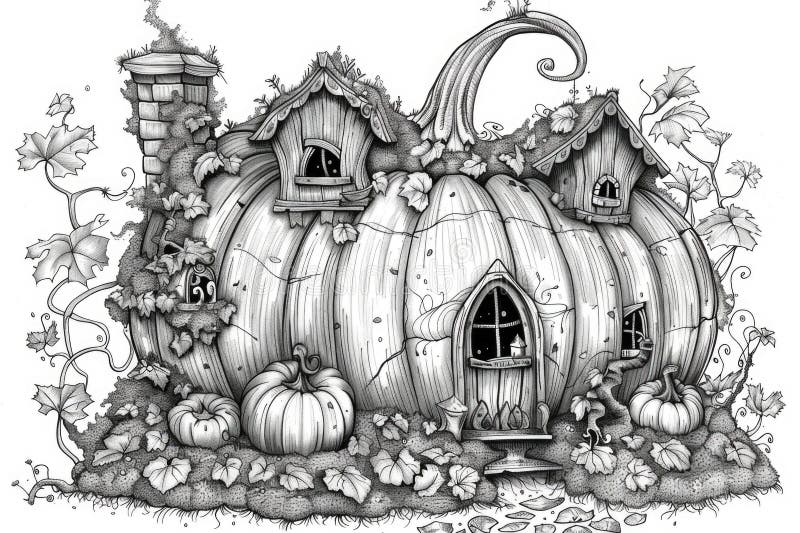 A Black and White Drawing of a Pumpkin House Stock Photo - Image of ...