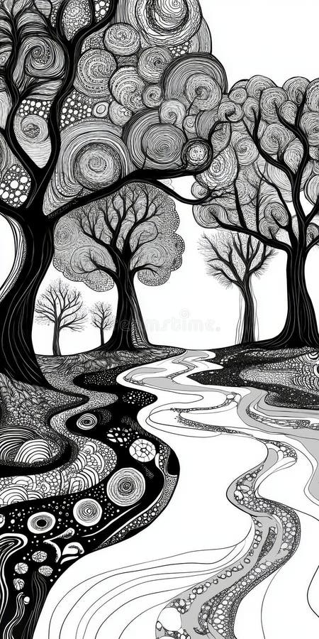 A Black and White Drawing of a River with Trees on Either Side Stock ...