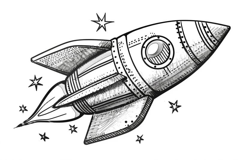Black and White Drawing of a Rocket Ship Stock Image - Image of ...