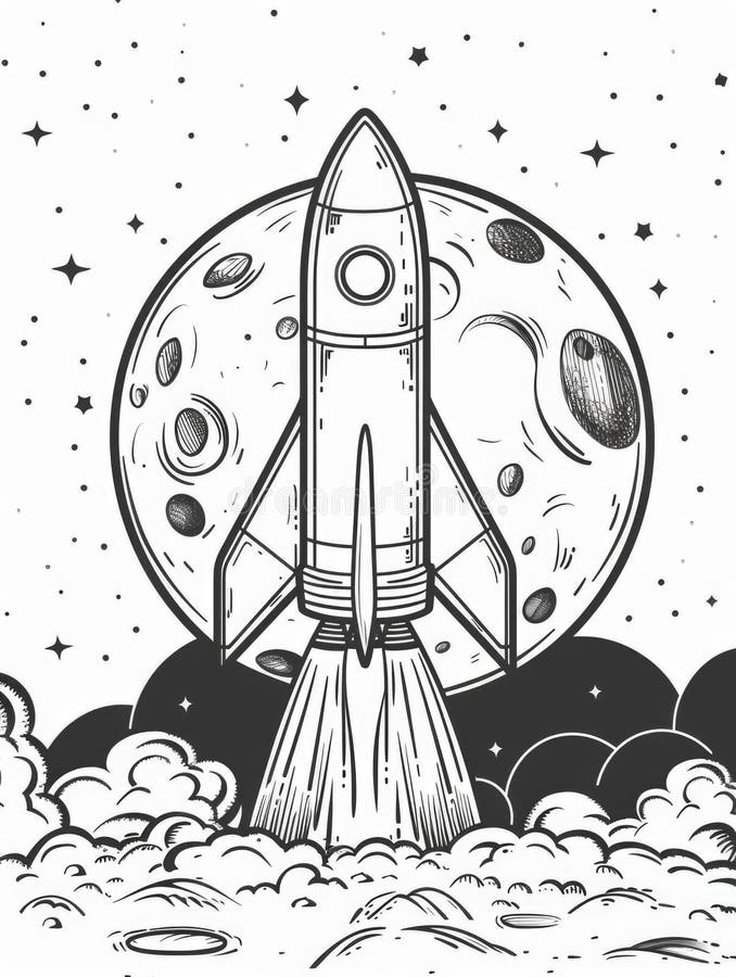 A Black and White Drawing of a Rocket in the Sky, Coloring Book for ...