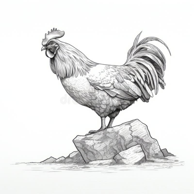 Detailed Sketch Illustration of Rooster on Rocks Stock Illustration ...