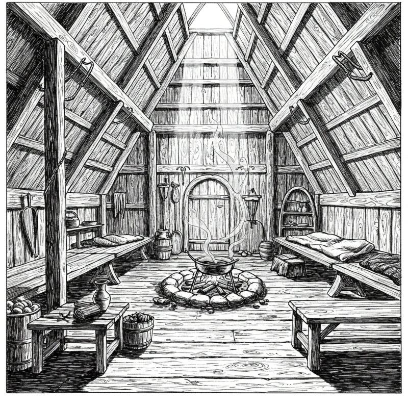A Black and White Drawing of a Rustic, Medieval-style Interior with ...
