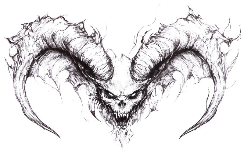 Black and White Drawing of a Scary Devil Face with Large Horns and ...