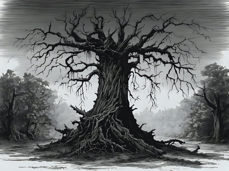 Black and White Drawing of Scary Tree Stock Illustration - Illustration ...