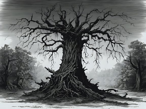 Black and White Drawing of Scary Tree Stock Illustration - Illustration ...
