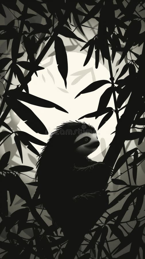A Black and White Drawing of a Sloth Hanging from a Tree Stock ...