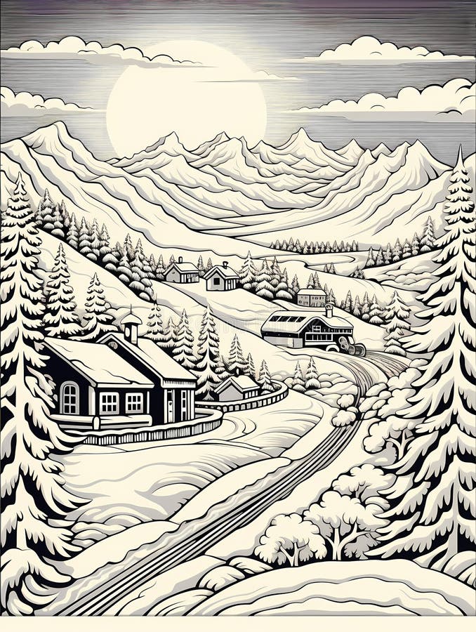 A Black and White Drawing of a Snowy Mountain Landscape Stock ...