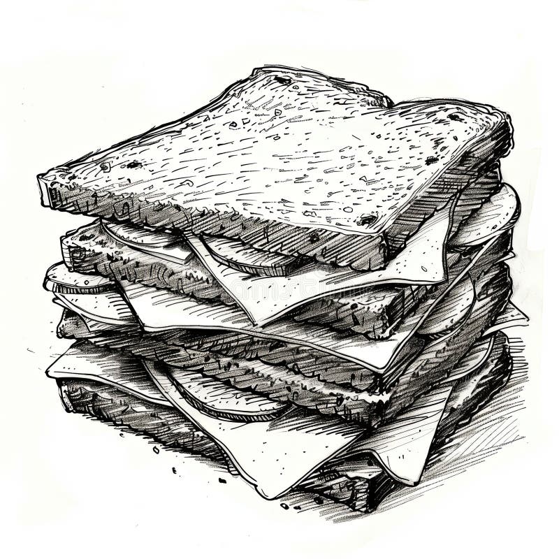 A Black and White Drawing of a Stack of Sandwiches Stock Illustration ...