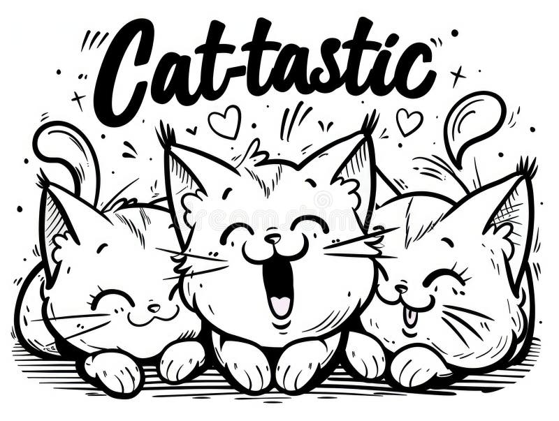 A Black and White Drawing of Three Cats Stock Illustration ...