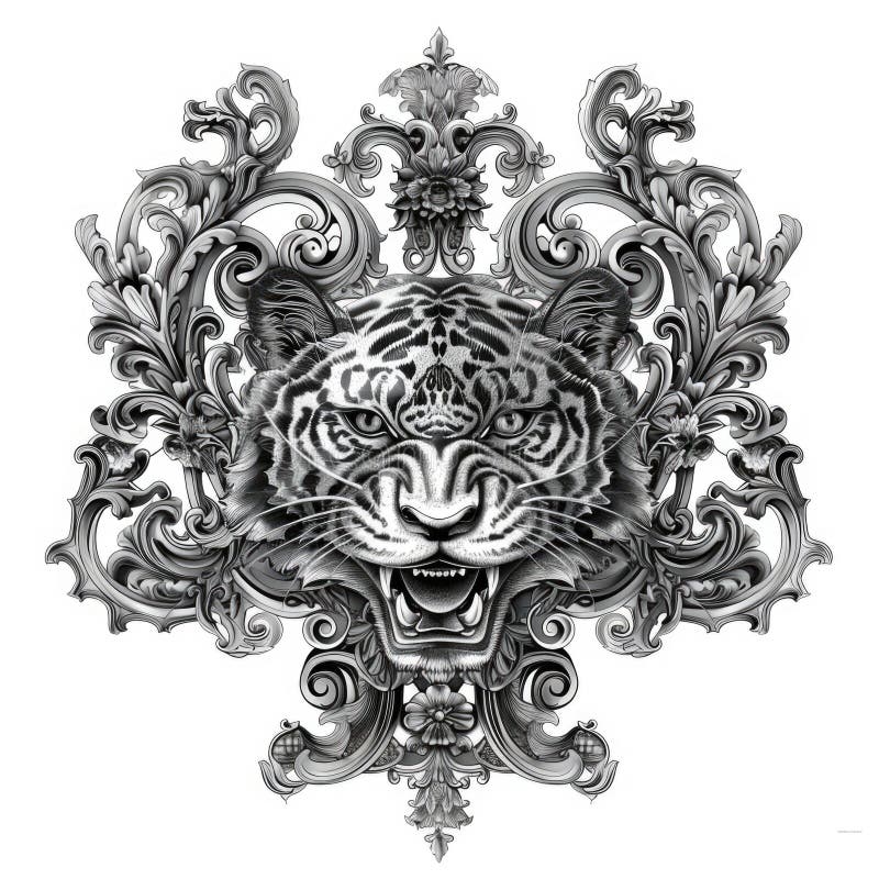A Black and White Drawing of a Tiger, Ornamental Stylization with ...