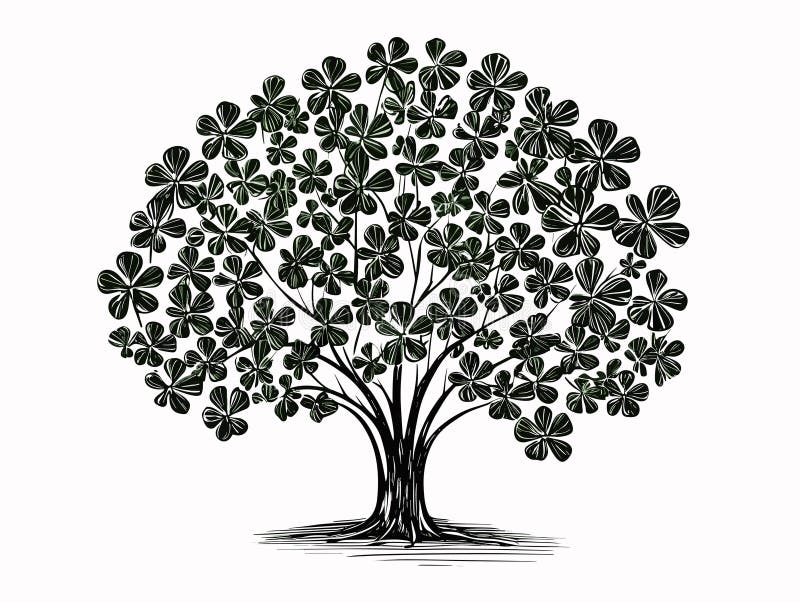 A Black and White Drawing of a Tree with Four Leaf Clovers - Clover ...