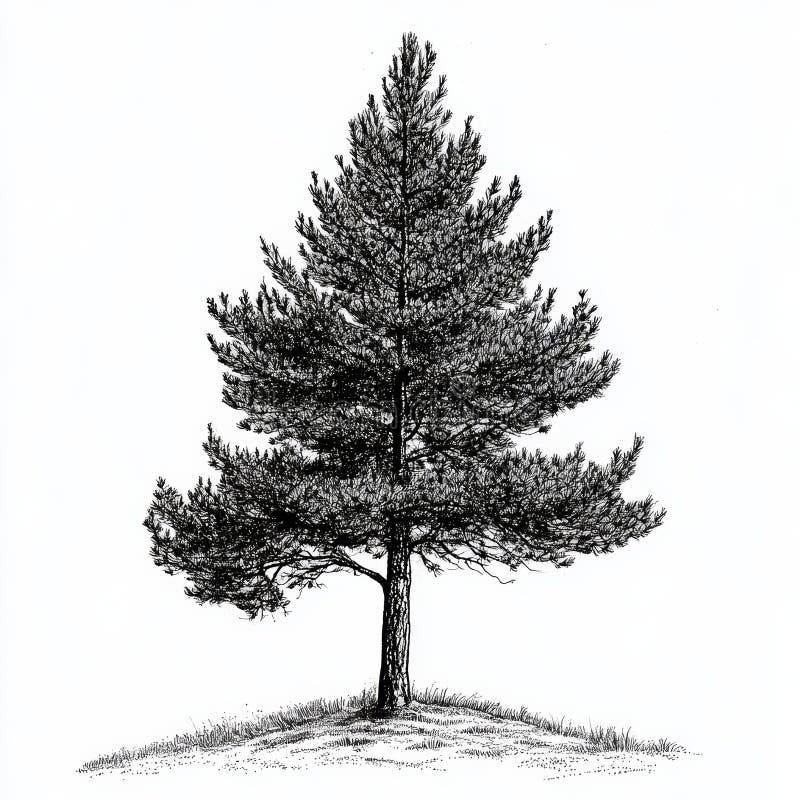 A Black and White Drawing of a Tree with a Thick Trunk and Many ...