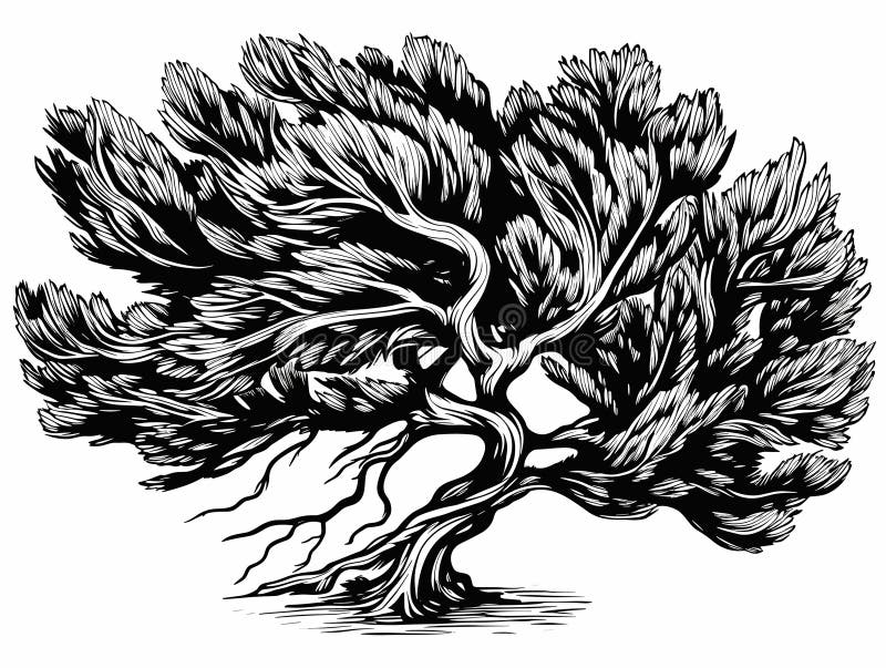 A Black and White Drawing of a Tree - Woodcut of a Juniper Bush Stock ...