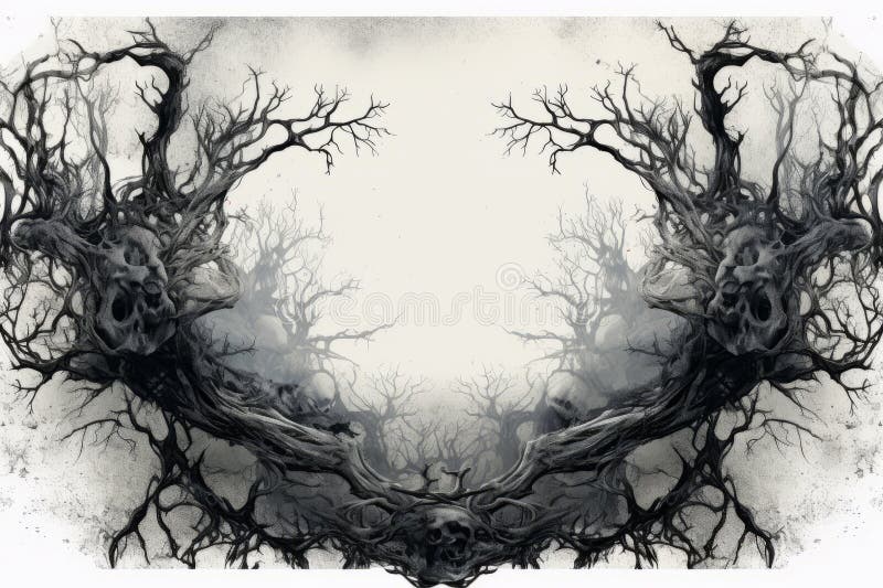 A Black and White Drawing of Trees and Skulls Stock Illustration ...