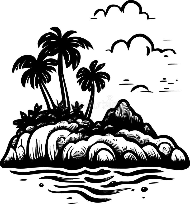 A Black and White Drawing of a Tropical Island Stock Illustration ...