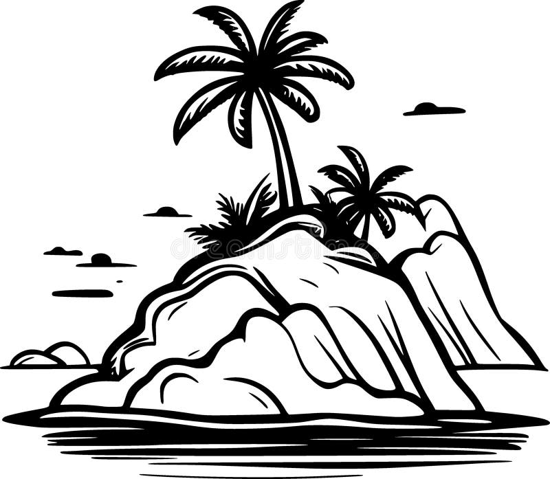 A Black and White Drawing of a Tropical Island Stock Illustration ...