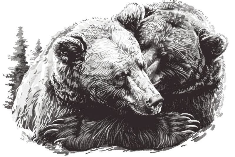 Black and White Drawing of Two Bears, Suitable for Various Design ...