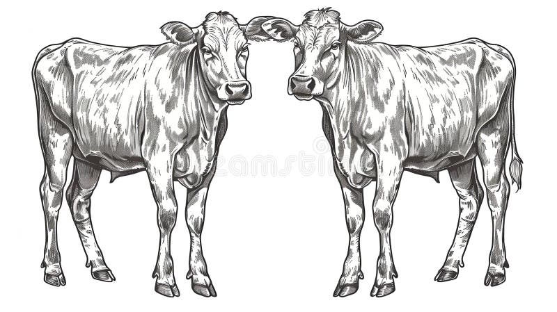 A Black and White Drawing of Two Cows Facing Each Other, Looking ...