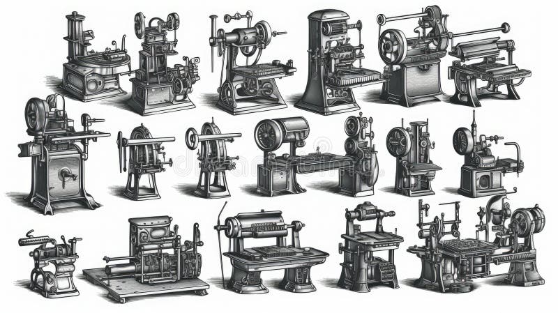 Black and White Drawing of Various Old-fashioned Machines, Including ...