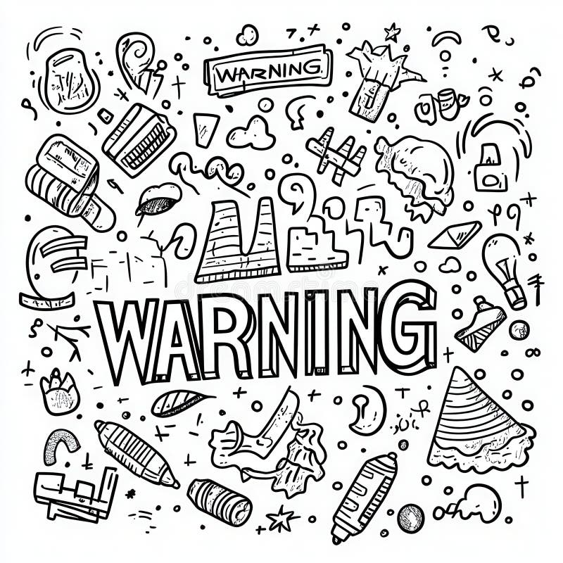A Black and White Drawing of a Warning Sign Stock Illustration ...