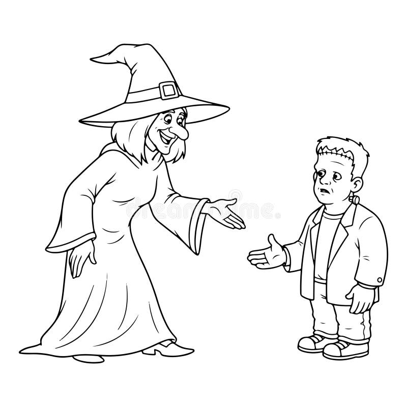 Witch and Frankenstein Offering Hands in Black and White Stock Vector ...