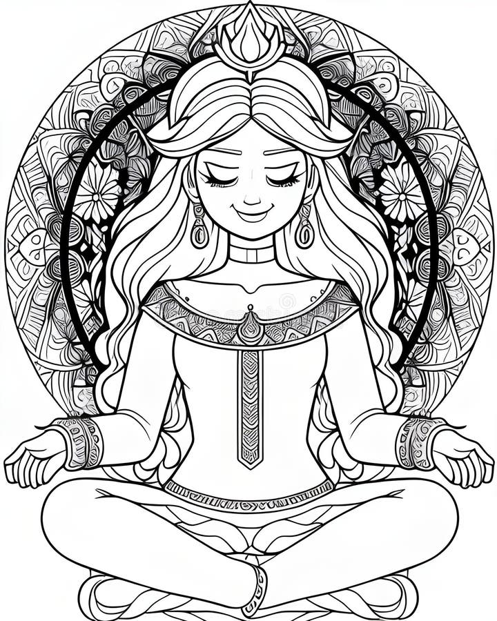 A Black And White Drawing Of A Woman In A Lotus Position Stock
