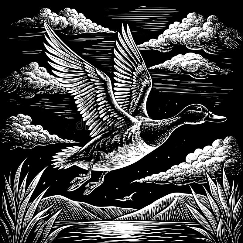 Black and White Duck Flying Over Mountains and Clouds Illustration ...