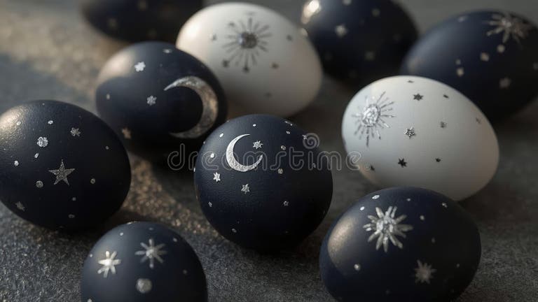 Black and White Easter Eggs with Celestial Moon and Star Patterns on a Textured Surface Stock ...