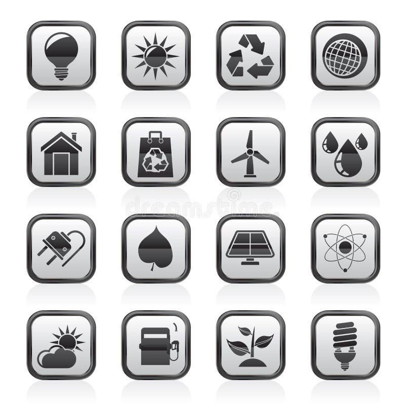 Black and White Ecology, Nature and Environment Icons Stock Vector ...