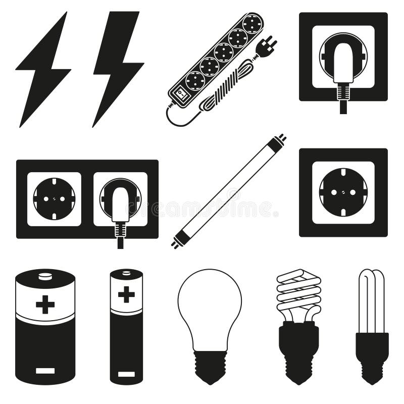 12 Black and White Electric Elements Set Stock Vector - Illustration of ...