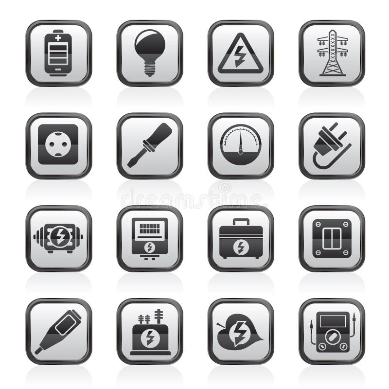 Black and White Electricity, Power and Energy Icons Stock Vector ...