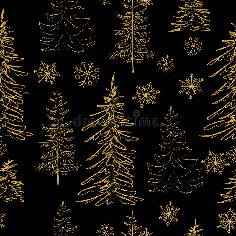 Elegant Outline Drawing of Pine Tree Seamless Pattern. Vector ...