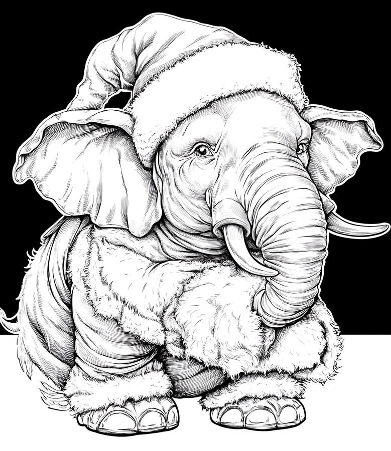 Black and White Elephant Wearing Santa Hat Illustration Stock ...