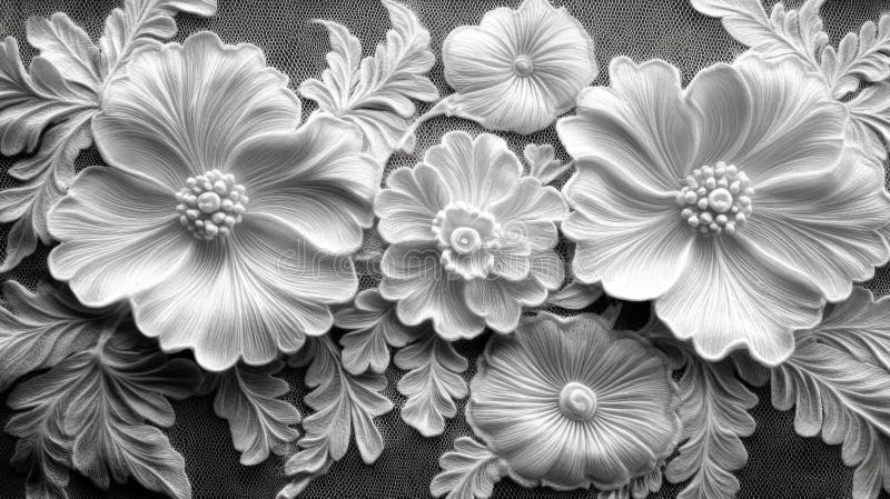 Black and White Embroidered Flowers on a Mesh Fabric Stock Illustration ...