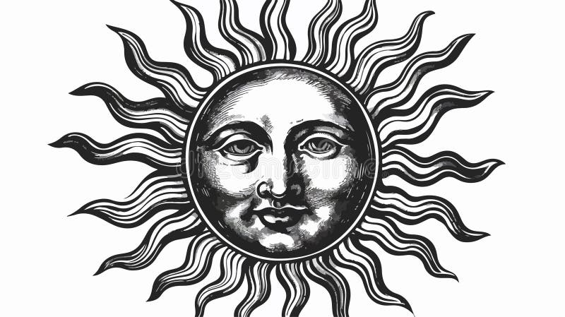 Sun Face Engraving on White Background Stock Vector - Illustration of ...