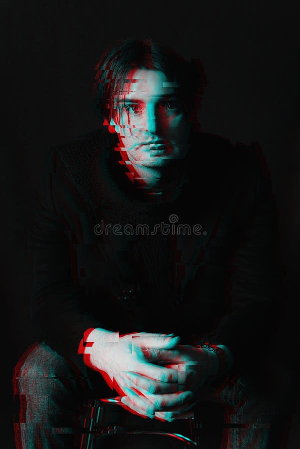 Black and White Face of a Man with Art Glitch Effect Stock Photo ...