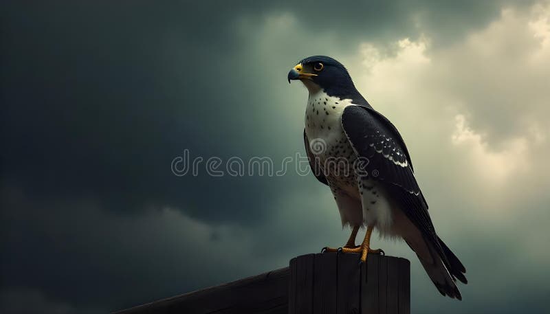 Black and White Falcon Perched on Wooden Post with Dark Cloudy ...