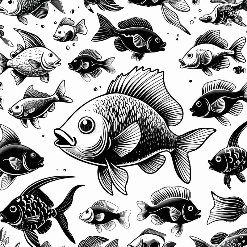 Black and White Fish Pattern Illustration - Detailed and Diverse Fish ...