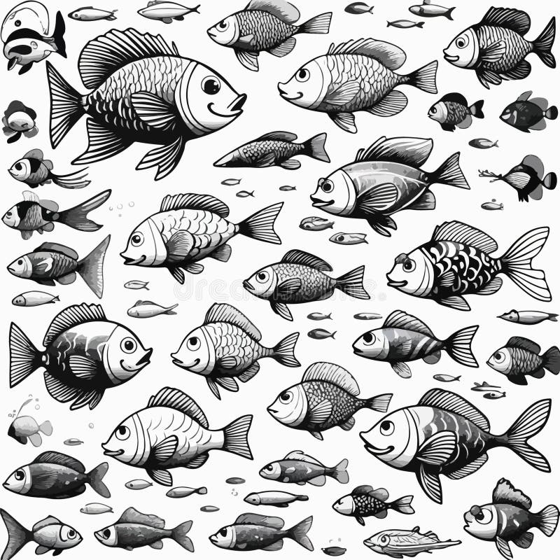 Black and White Fish Pattern Illustration - Detailed and Diverse Fish ...