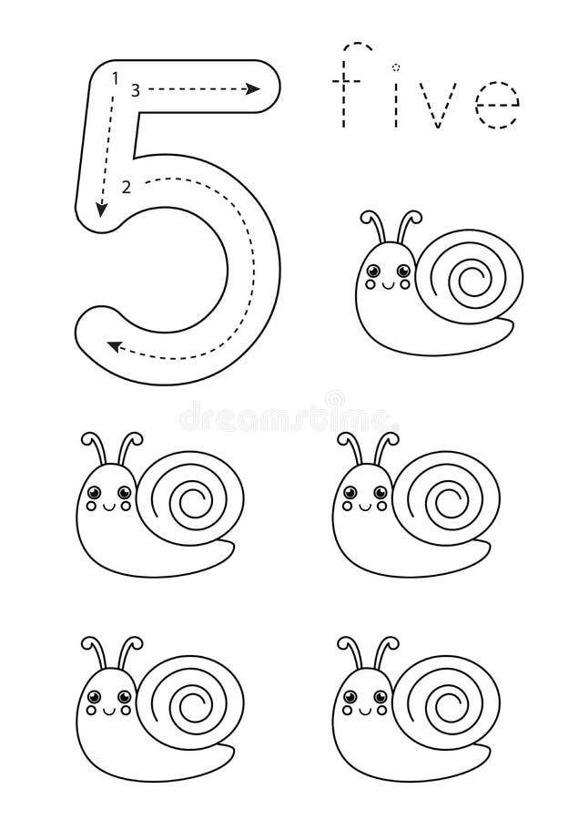 Flashcard Number 5. Preschool Worksheet. Black and White Snails. Stock ...